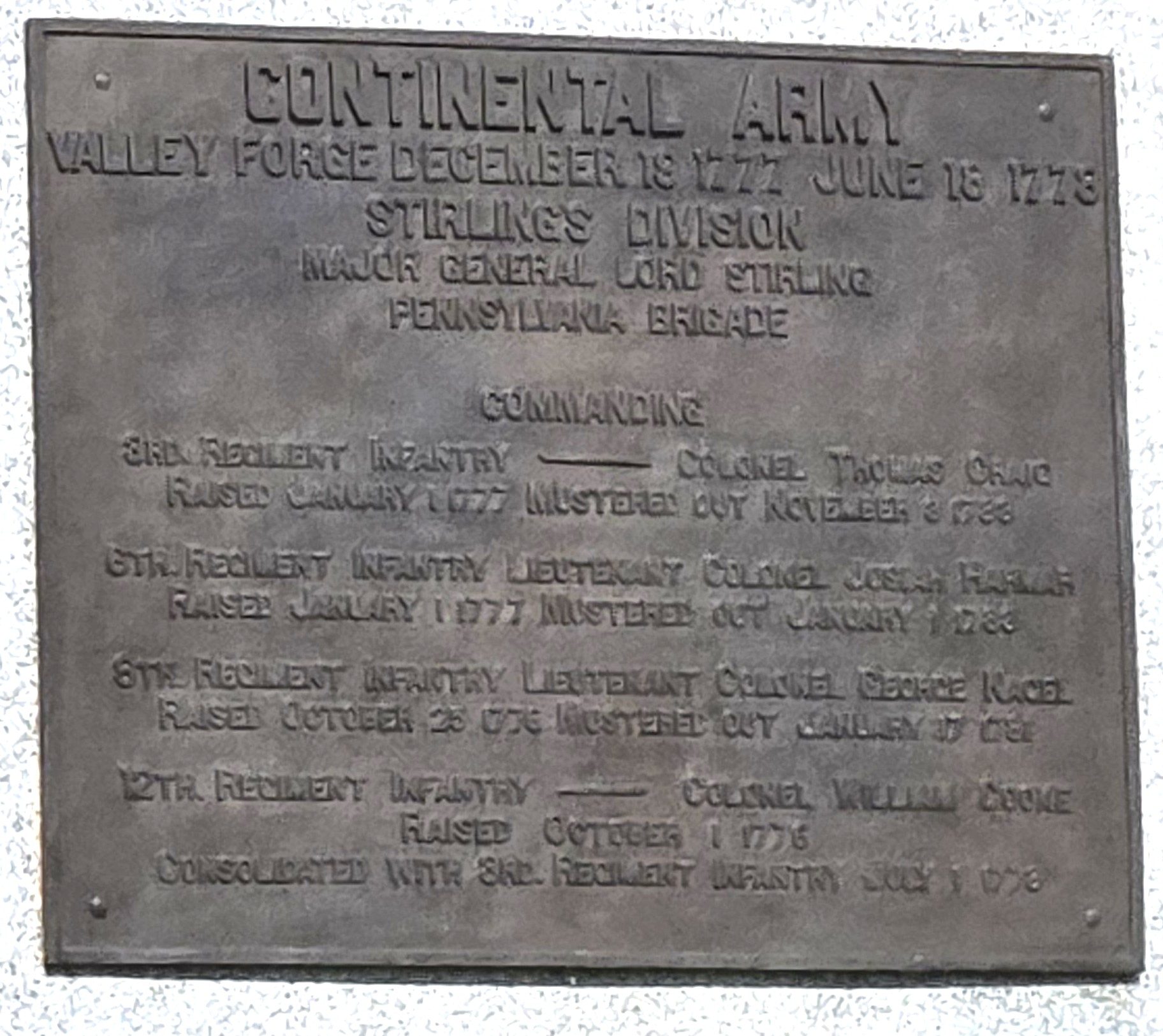 CONTINENTAL ARMY PENNSYLVANIA BRIGADE REVOLUTIONARY WAR MEMORIAL PLAQUE ...