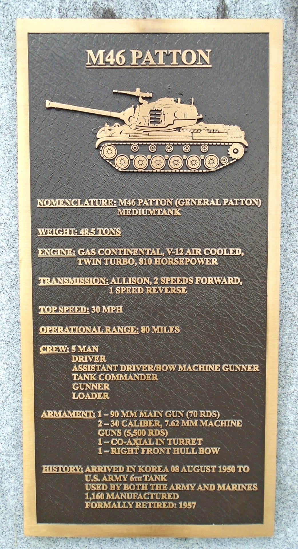 M46 PATTON WAR MEMORIAL PLAQUE - National War Memorial Registry