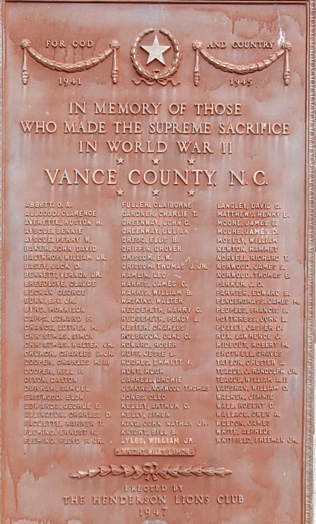 VANCE COUNTY WORLD WAR II MEMORIAL PLAQUE - National War Memorial Registry