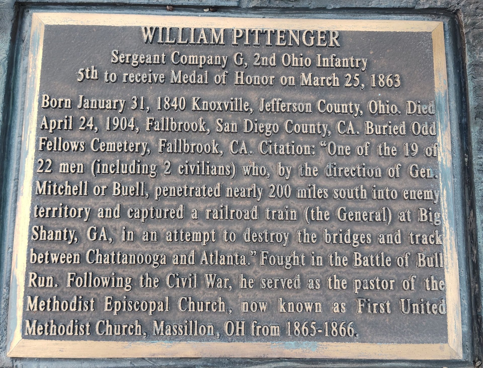 WILLIAM PITTENGER MEDAL OF HONOR WAR MEMORIAL PLAQUE - National War ...